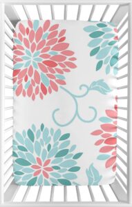 sweet jojo designs turquoise blue and coral floral baby girl fitted mini portable crib sheet for emma collection - for mini crib or pack and play only