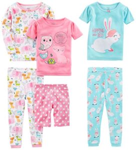 simple joys by carter's baby girls' 6-piece snug fit cotton pajama set, blue bunny/pink dots/white forest animals, 18 months