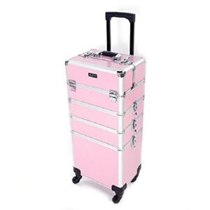 mefeir 4 in 1 rolling makeup train case, aluminum makeup travel organizer cosmetic case, cosmetology display suitcase on wheels, beauty storage luggage lockable w/4 removable wheels (pink)