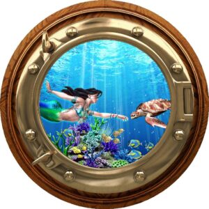 porthole window wall sticker mermaid sea turtle 1 braswood port scape decal ocean fantasy tropical reef sea life kids room decor peel and stick vinyl 12 inch