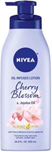 nivea cherry blossom and jojoba oil infused lotion, moisturizing body lotion for dry skin, 16.9 fl oz pump bottle