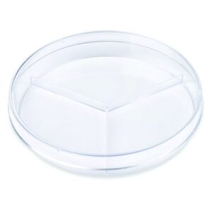 plastic petri dish, 90x15mm, 3 compartments, 3 vents, polystyrene, e.o. sterile, karter scientific 236u2 (pack of 10)