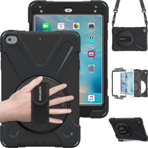 braecn for ipad mini5 case,ipad mini4 shockpoof case three layer drop protection rugged heavy duty cover w/ 360 degree swivel stand/hand strap and shoulder strap for ipad mini 2019 case (black)