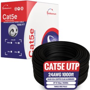 1000ft cat5e solid 24awg cable utp cat5 bulk pull box network copper clad aluminum wire (unshielded (utp), black)