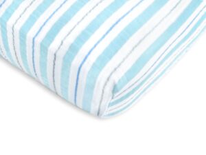 swaddledesigns softest cotton muslin fitted crib sheet/toddler sheet for baby boy & girl, blue 3 color stripe