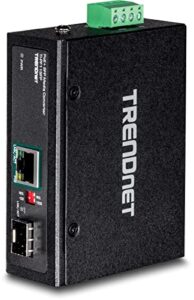 trendnet industrial sfp to gigabit poe+ media converter, ip30 rated housing, operating temperature range -40°– 75 °c to (-40° – 167 °f), ti-pf11sfp, black