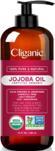 cliganic usda organic jojoba oil 16oz with pump, 100% pure | bulk, moisturizing oil for face, hair, skin & nails | natural cold pressed hexane free