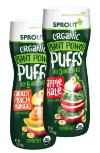 sprout organic baby food, stage 2 snacks, carrot mango and apple kale plant power baby puffs variety pack, 1.5 oz canister (6 count)