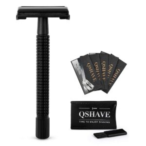 qshave double edge 4 inch long handle safety razor for men or women twist butterfly open matte black steel coating (1 razor + 5 pcs titanium coated blades + leather travel case)