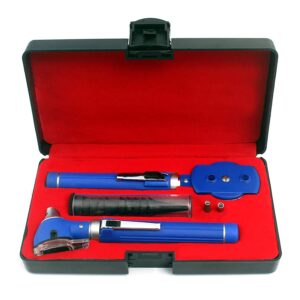 odontomed2011® new led bright light double handle otoscope ent diagnostic set blue + 2 free extra replacement bulbs (odm brand)