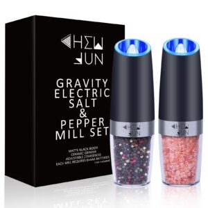 gravity salt and pepper grinder set with adjustable coarseness automatic pepper and salt mill set battery powered with blue led light,one hand operated,brushed stainless steel by chew fun