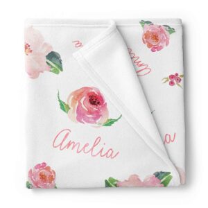 personalized fleece baby girl blanket, coral pink floral