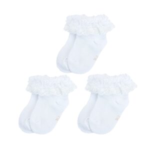 estamico baby girls princess frilly lace ruffle socks 3 pack white, 6-12 months