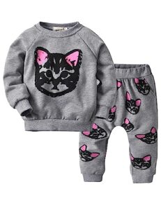 puseky toddler kids girls cute cat sweatshirt tops & pants tracksuit outfits set (3t-4t, grey)