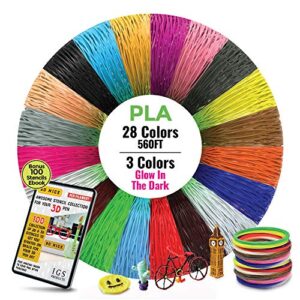 28 colors, 3 colors glow in the dark, extra long 3d pen/printer filament 560 feet, premium pla, each color 20 feet, bonus 100 stencils ebook included by so nice