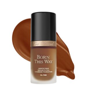 too faced born this way natural finish longwear liquid foundation | medium-to-full coverage | hydrating + oil free, 1 fl oz, hazelnut