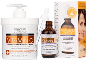 advanced clinicals vitamin c body lotion + potent vitamin c serum 2pc bundle | face serum & body cream brightening skin care set & kits for wrinkles, dark spots, dry skin, & uneven skin tone, 2-pack