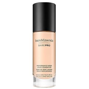 bareminerals barepro performance wear liquid foundation spf 20, breathable makeup for face, full coverage, 24hr wear, natural matte finish, vegan (fair 01)