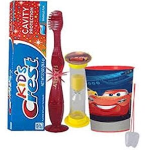 disney pixar cars 3 4pc bright smile oral hygiene set! flashing lights toothbrush, toothpaste, brushing timer & mouthwash rise cup! featuring ligthning mcqueen & cruz ramirez!