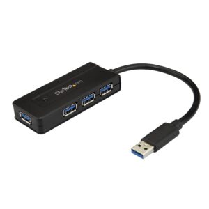 startech.com 4 port usb 3.0 hub superspeed 5gbps with fast charge portable usb 3.1 gen 1 type-a laptop/desktop hub - usb bus power or self powered for high performance mini/compact (st4300mini), black