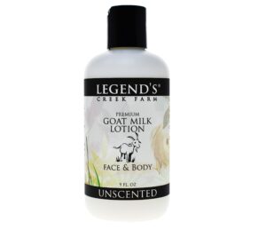 legend's creek farm goat milk lotion - moisturizing goat milk body lotion for body, hand & face - 9 oz body moisturizer with shea butter, sunflower oil, aloe, handmade in usa (unscented l.)