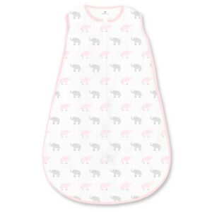 amazing baby cotton sleeping sack, wearable blanket with 2-way zipper, pastel pink + gray tiny elephants, small (0-6 mo)