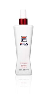 fila refreshing body spray for women - aquatic, energizing designer body spray fragrance - notes of mandarin and passion fruit - intense, long lasting scent, streamlined white bottle - 8.4 oz