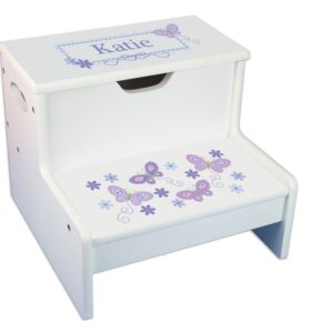 personalized white step stool and storage with lavender butterflies design