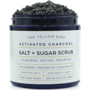 natural activated charcoal body & face scrub. exfoliating dead sea salt & sugar scrub. deep cleansing pore minimizer. anti cellulite, acne, blackhead, scars, wrinkle treatment.