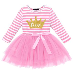 baby girls shinny striped 1st/2nd/3rd birthday long sleeve printed princess cake smash tutu tulle dress toddler kids outfit pink crown (two year) one size