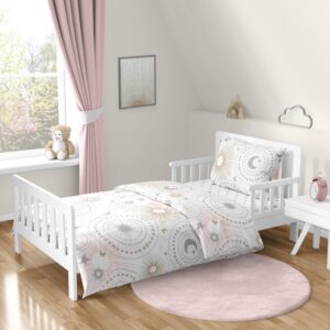 blush pink, gold, grey and white star and moon celestial girl toddler kid childrens bedding set by sweet jojo designs - 5 pieces comforter, sham and sheets