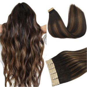 doores tape in hair extensions human hair, balayage dark brown to chestnut brown 50g 20pcs 18 inch, human hair extensions natural hair extensions remy straight hair skin weft