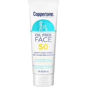 coppertone face sunscreen spf 50, oil free sunscreen for face, water resistant spf 50 sunscreen face lotion, travel size sunscreen, 3 fl oz tube