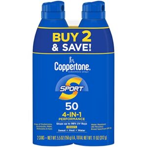 coppertone sport sunscreen spray spf 50, water resistant spray sunscreen pack, 5.5 oz, pack of 2 (packaging may vary)