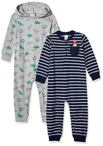 carter's baby boys' 2-pack one-piece romper, grey dino/navy stripe, 18 months