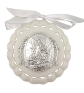 moulded acrylic white crib medal with guardian angel for baby nursery decor, 3 1/2 inch