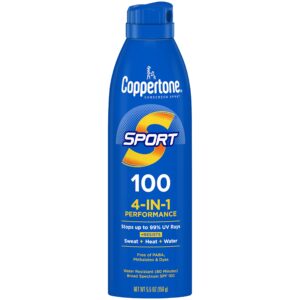 coppertone sport sunscreen spray spf 100, water resistant, continuous spray sunscreen, broad spectrum spf 100 sunscreen, 5.5 oz spray