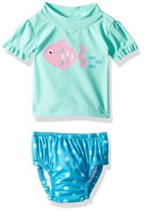 kiko & max girls' rashguard and diaper cover swim set, mint fish, l