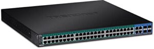 trendnet 52-port gigabit web smart poe+ switch, 48 gigabit poe+ ports, 4 shared gigabit ports (rj-45 or sfp), 370w poe power budget, 104gbps switching capacity, lifetime protection, black, tpe-5240ws