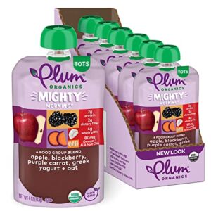 plum organics mighty food group blend, organic baby food meals [12+ months], quinoa, blackberry, purple carrot, greek yogurt & oat, kosher, usda certified organic, non-gmo, 4 ounce pouch (pack of 6)