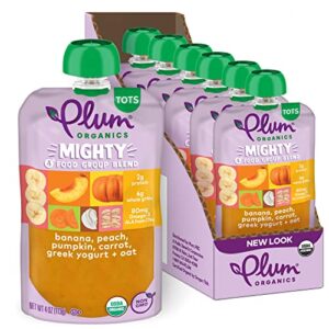 plum organics mighty 4 organic toddler food - banana, peach, pumpkin, carrot, greek yogurt, and oat - 4 oz pouch (pack of 6) - organic fruit and vegetable toddler food pouch