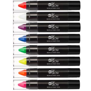 uv glow - neon uv paint stick/face & body crayon - genuine and original uv glow product - glows brightly under blacklights! (set of 8)