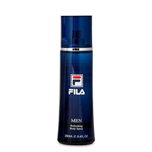 fila refreshing body spray for men - cool, clean, fresh men’s fragrance - infused with notes of bergamot, cardamom, and pepper - trendy, rectangular, streamlined, portable bottle design - 8.4 oz