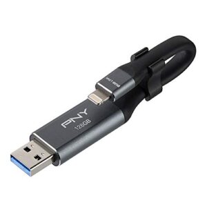 pny p-fdi128la02gc-rb 128gb duo link ios usb 3.0 otg flash drive for iphone & ipad and computers - external mobile storage for photos, videos, and more, metal gray