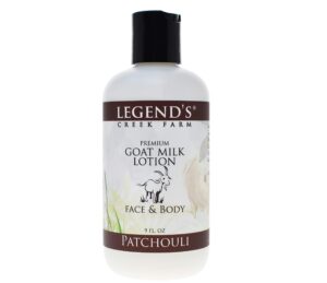 legend's creek farm goat milk lotion - deeply moisturizing goat milk body lotion for body, hand & face - 9 oz body moisturizer with shea butter, sunflower oil, aloe, handmade in usa (patchouli l.)