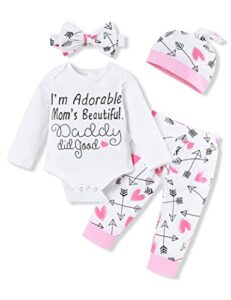 seyouag baby girl clothes cute mommy letter romper arrow heart pants newborn girls outfits fall winter clothes set (adorable pink, 0-3 months)