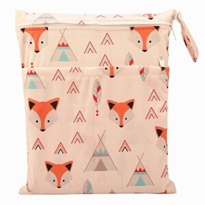 wet dry bag baby cloth diaper nappy bag reusable with two zippered pockets (baby fox)