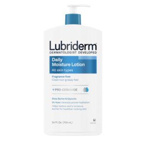 lubriderm fragrance free daily moisture lotion + pro-ceramide, shea butter & glycerin, face, hand & body lotion for sensitive skin, hydrating lotion for healthier-looking skin, 24 fl. oz