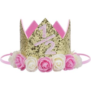 baby birthday crown, princess crowns tiara girls party hat with gold glitter and pink roses for birthday party decorations (1/2st golden crown)