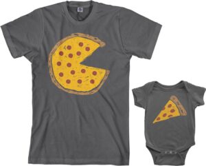 threadrock pizza pie & slice infant bodysuit & men's t-shirt matching set (baby: 12m, charcoal|men's: l, charcoal)